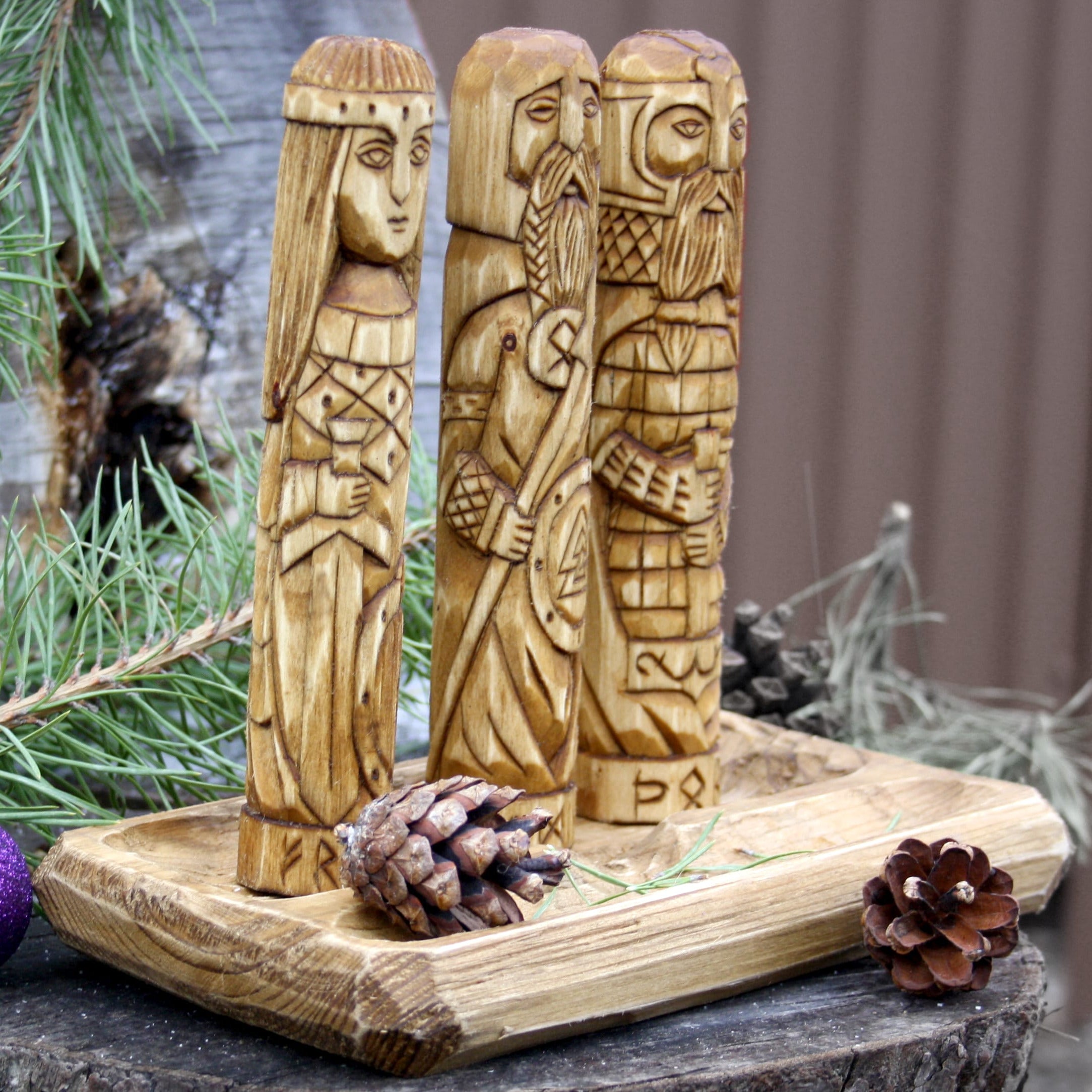 Wooden Altar with figurine of Norse Gods Odin Freya Thor